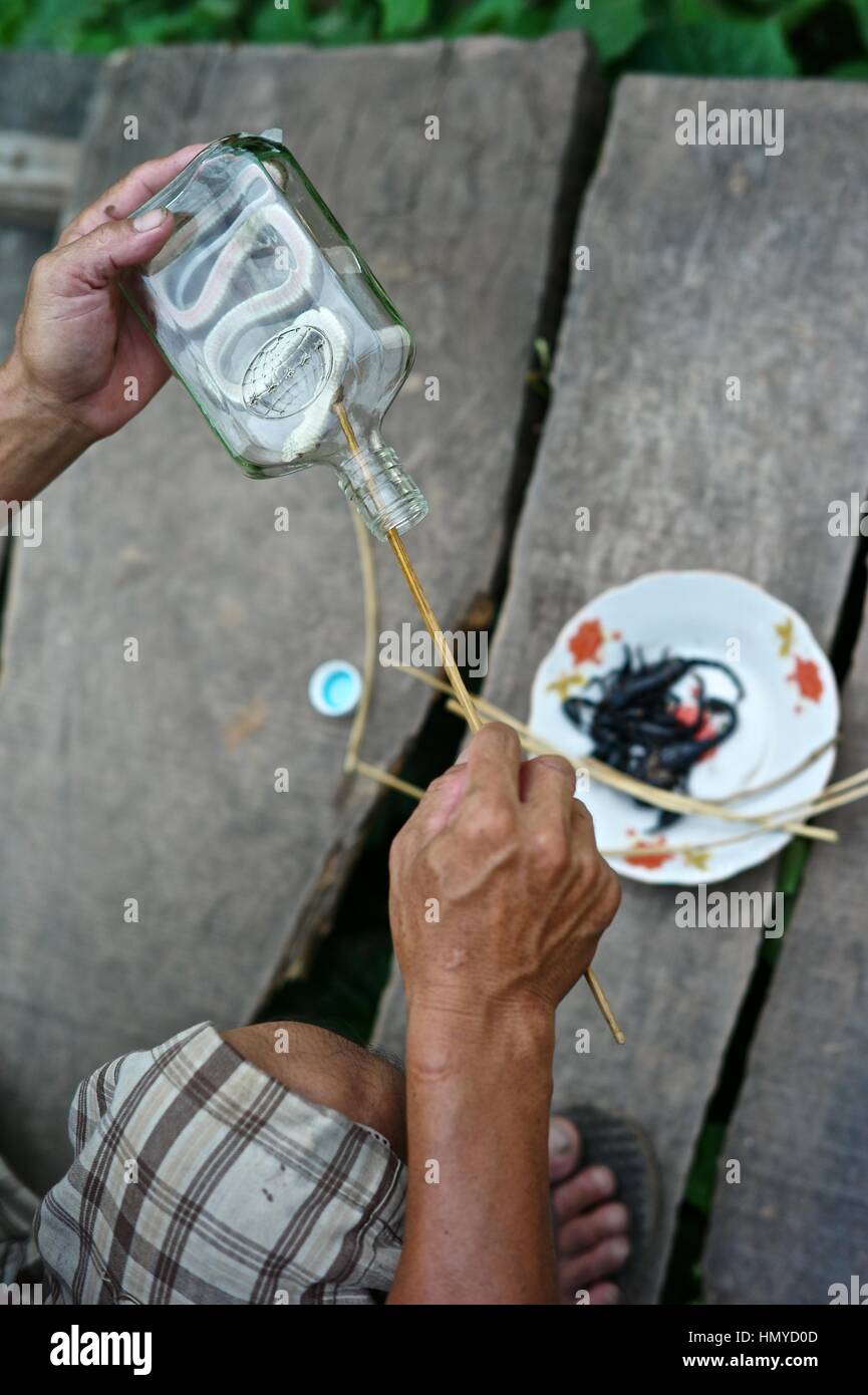 A man prepares Lao Lao whiskey in Whisky Village, known as Ban Xang Hai ...