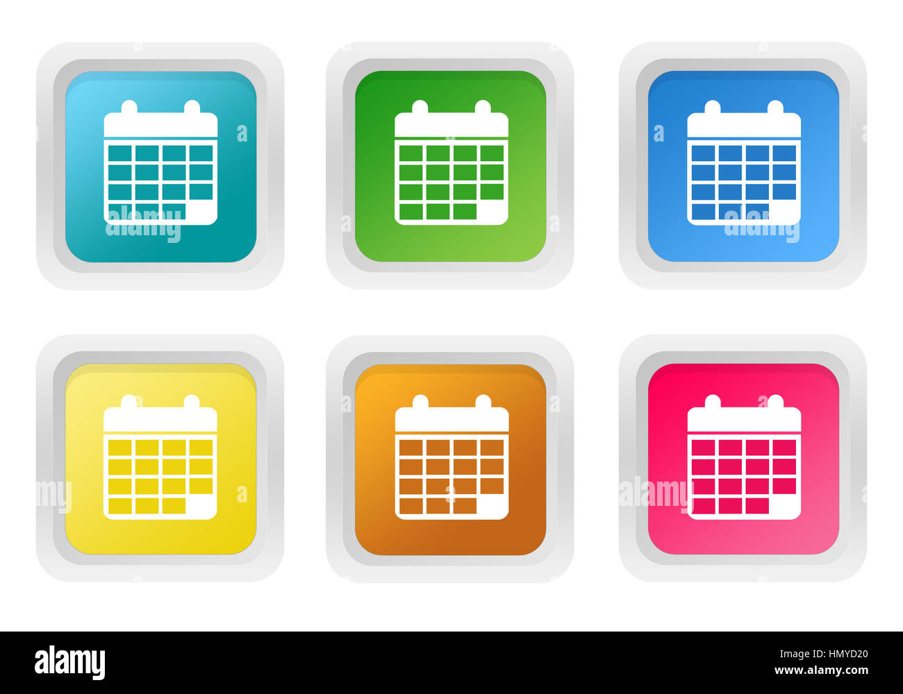 Set of squared colorful buttons with calendar symbol in blue, green ...