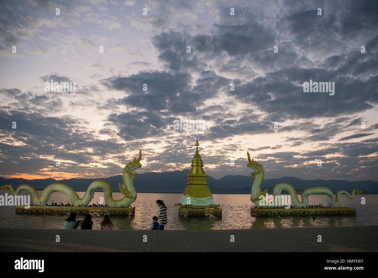 the phayanak or Naga Statue in the landscape at the lake of Kwan Phayao ...