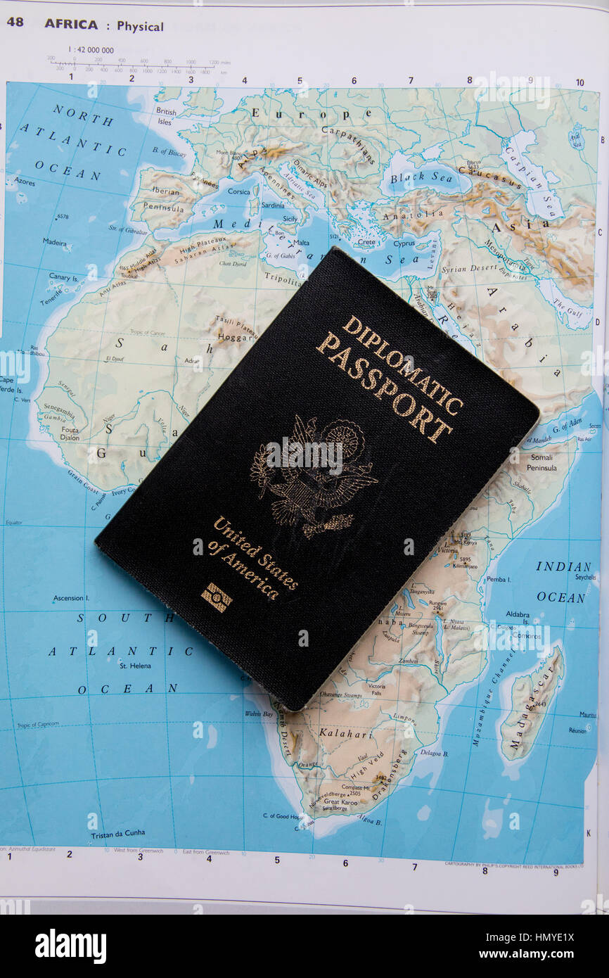 Diplomatic passport of the United States of America on a map of Africa ...