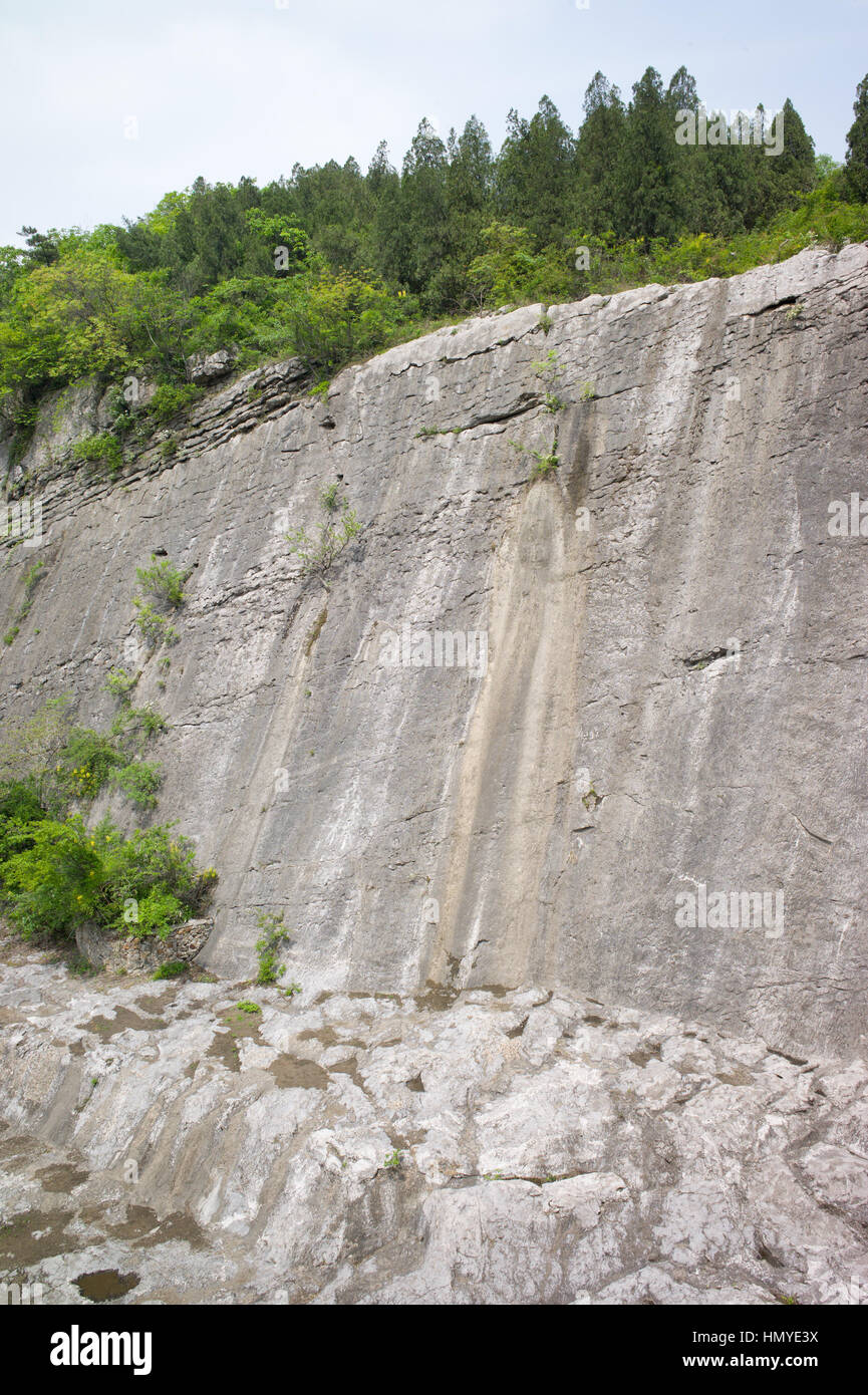 Rock face in former limestone quarry, Tangshan, Nanjing, Jiangsu, China ...