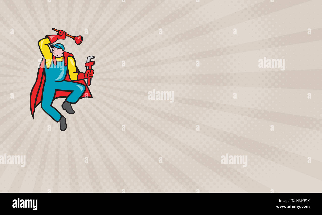 Business card showing Illustration of a superhero super plumber jumping ...