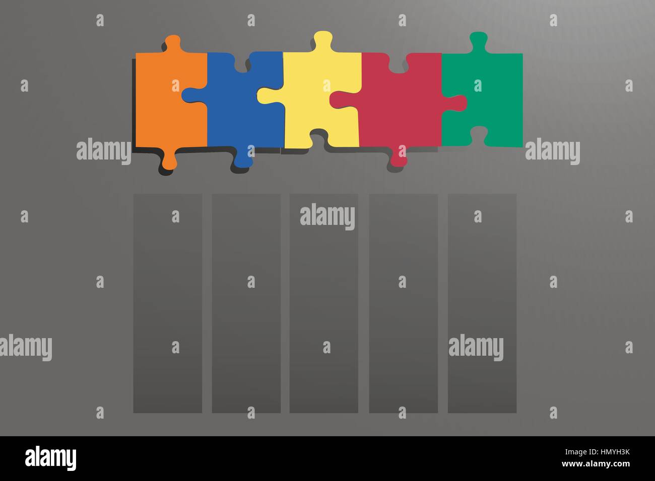 Five colorful puzzle pieces are connected. Under them are empty ...