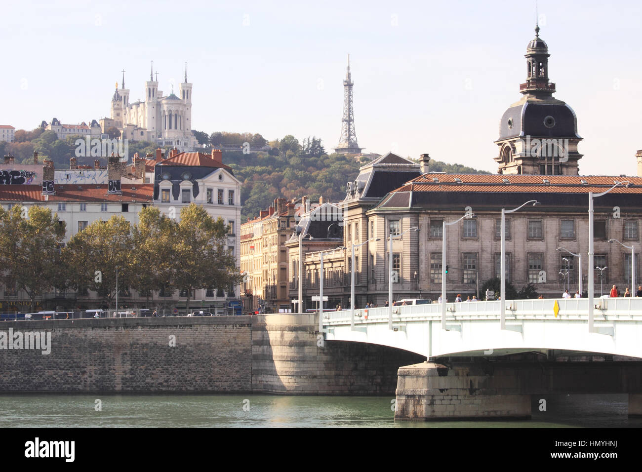 Scenery, can see part of Pont de la Guillotiere, over River Rhone, Lyon ...
