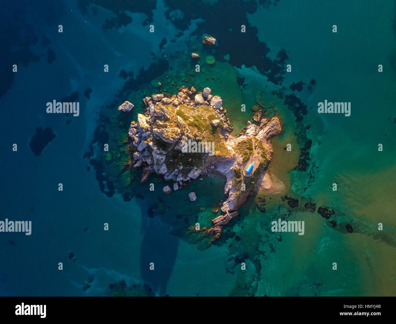 Kastri island of Kefalos at Kos island of Greece. Top down view, aerial ...