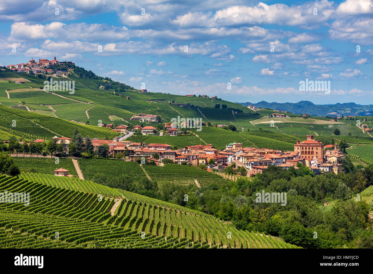 Small town of Barolo among hills and green vineyards in Piedmont ...