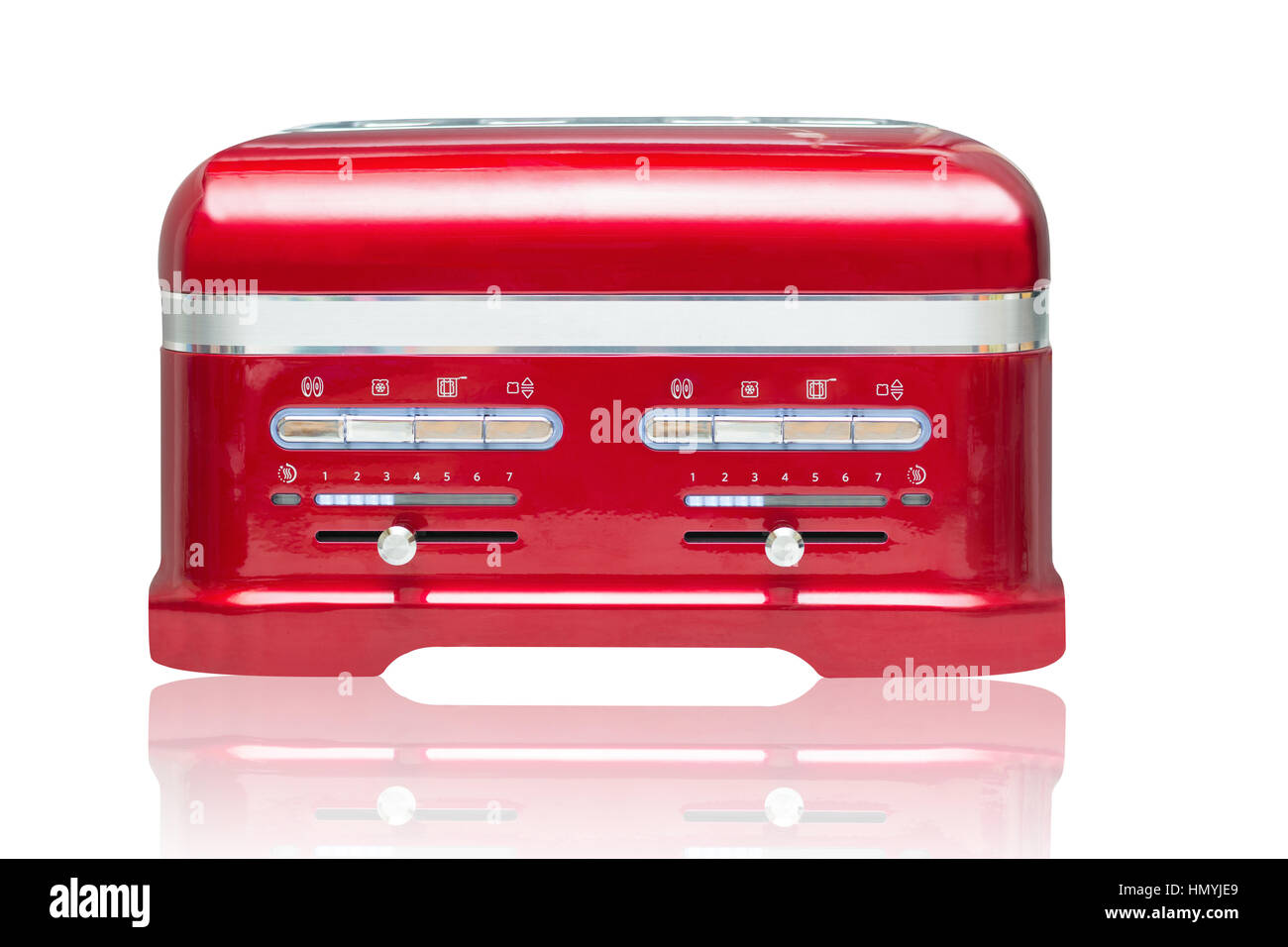 front view of vivid red four bread slices toaster isolated on white ...