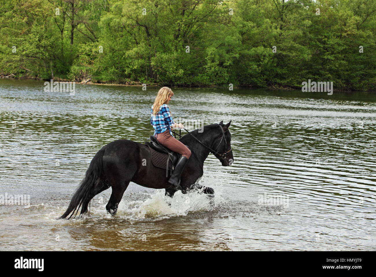 Young woman riding a horse through river Stock Photo - Alamy