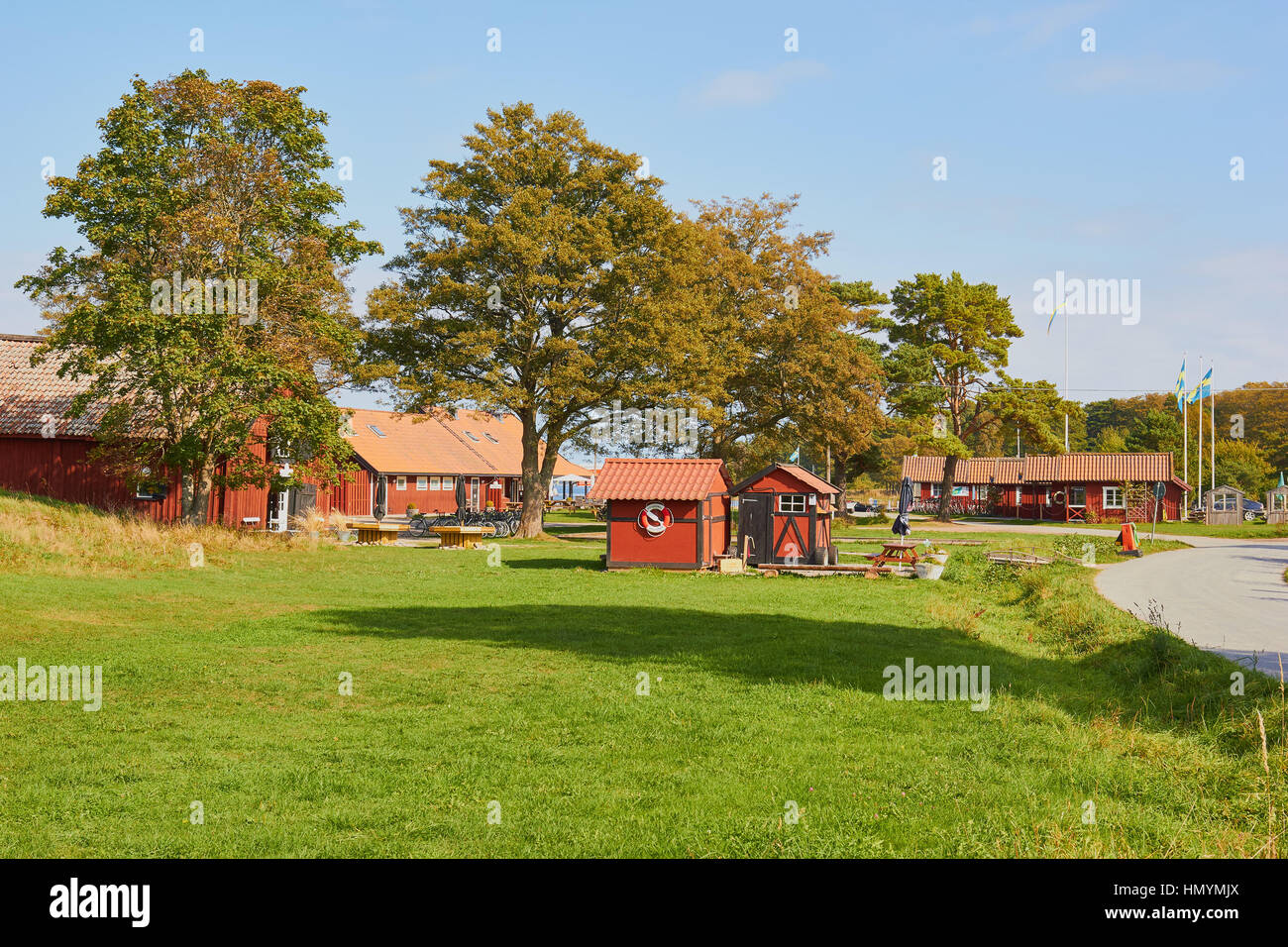 Business housed in wooden cabins, Uto, Stockholm archipelago, Sweden ...