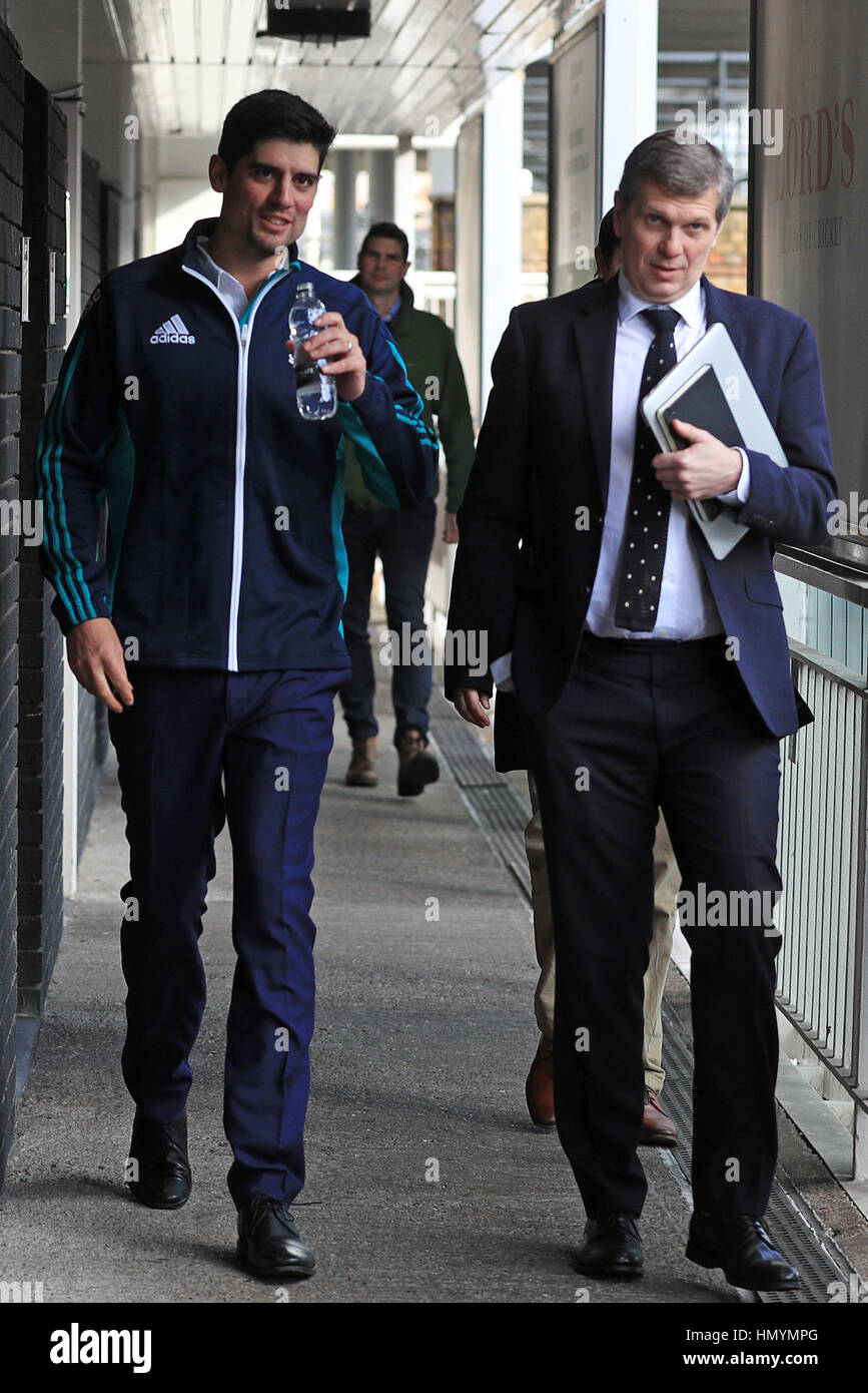 Former England captain Alastair Cook arrives for the press conference ...