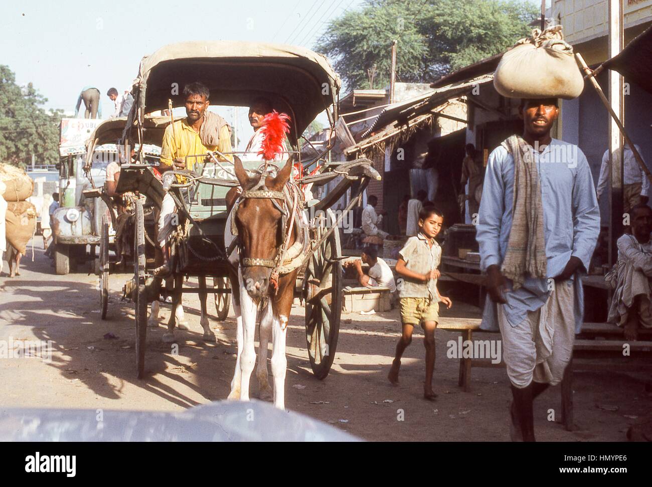 Scene of Indian men and boys leading horse-drawn carriages in the ...