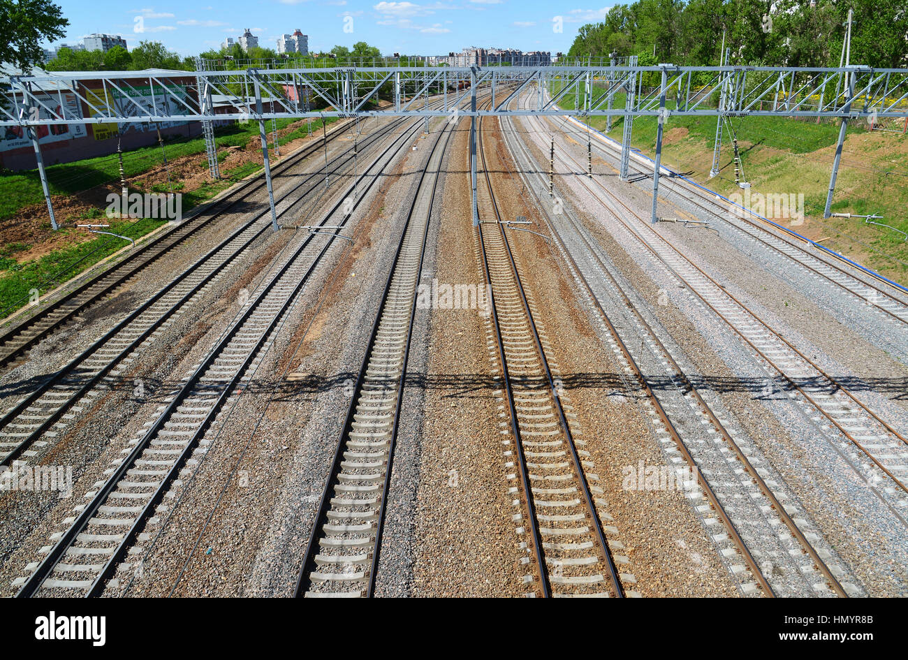 Moscow, Russia - May 13.2016. Railroad tracks Oktyabrskaya railway in ...