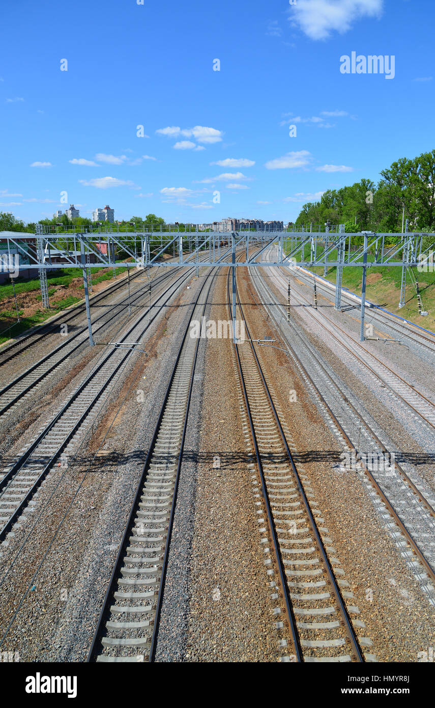 Moscow, Russia - May 13.2016. Railroad tracks Oktyabrskaya railway in ...