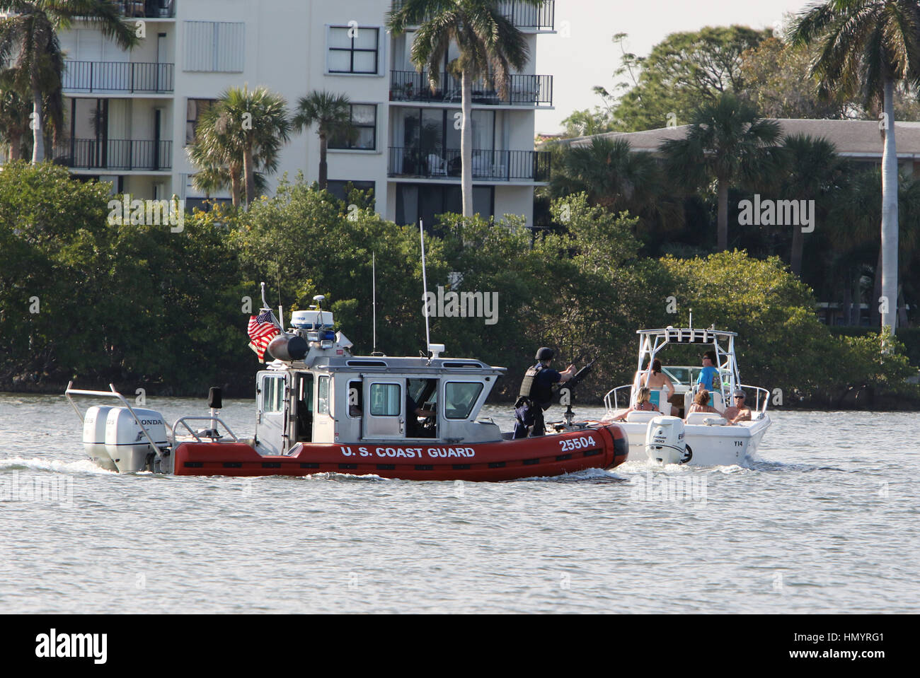 A US Coast Guard 25-Foot Defender Class Boat patrols the intracoastal ...