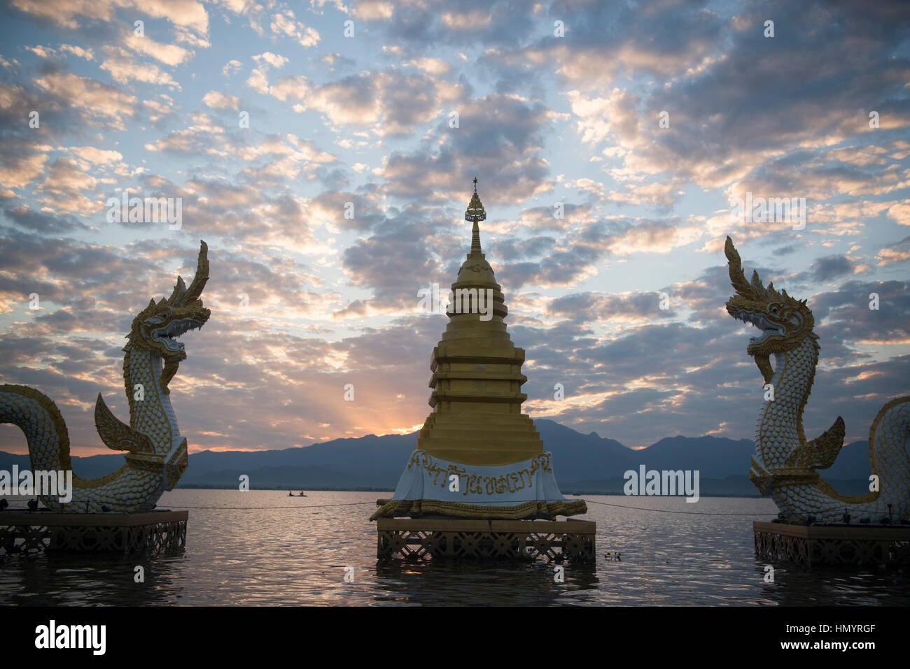 the phayanak or Naga Statue in the landscape at the lake of Kwan Phayao ...