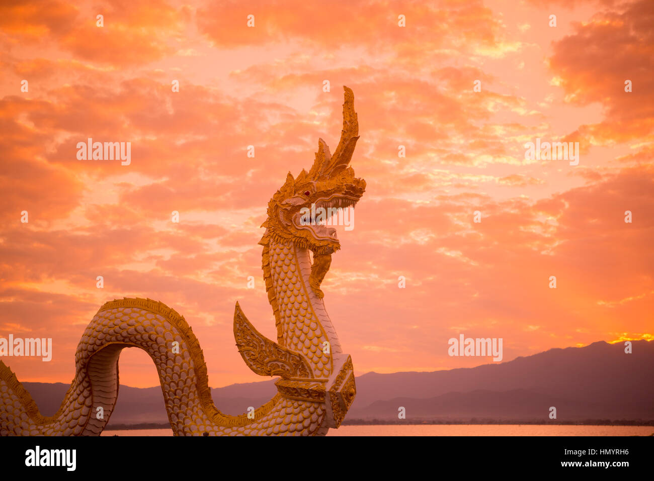 the phayanak or Naga Statue in the landscape at the lake of Kwan Phayao ...
