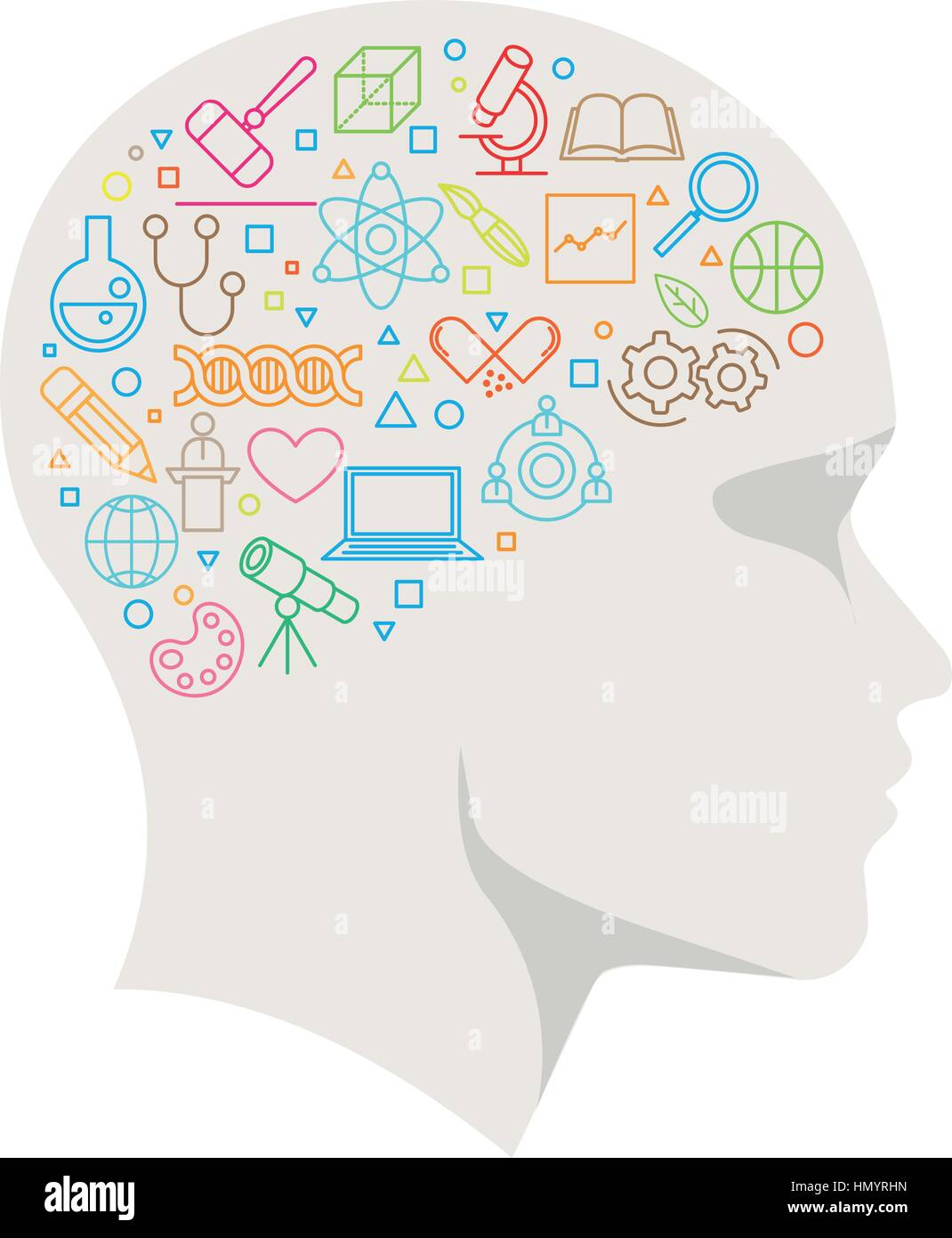 Vector all sciences symbols in human brain. Concept illustration Stock ...