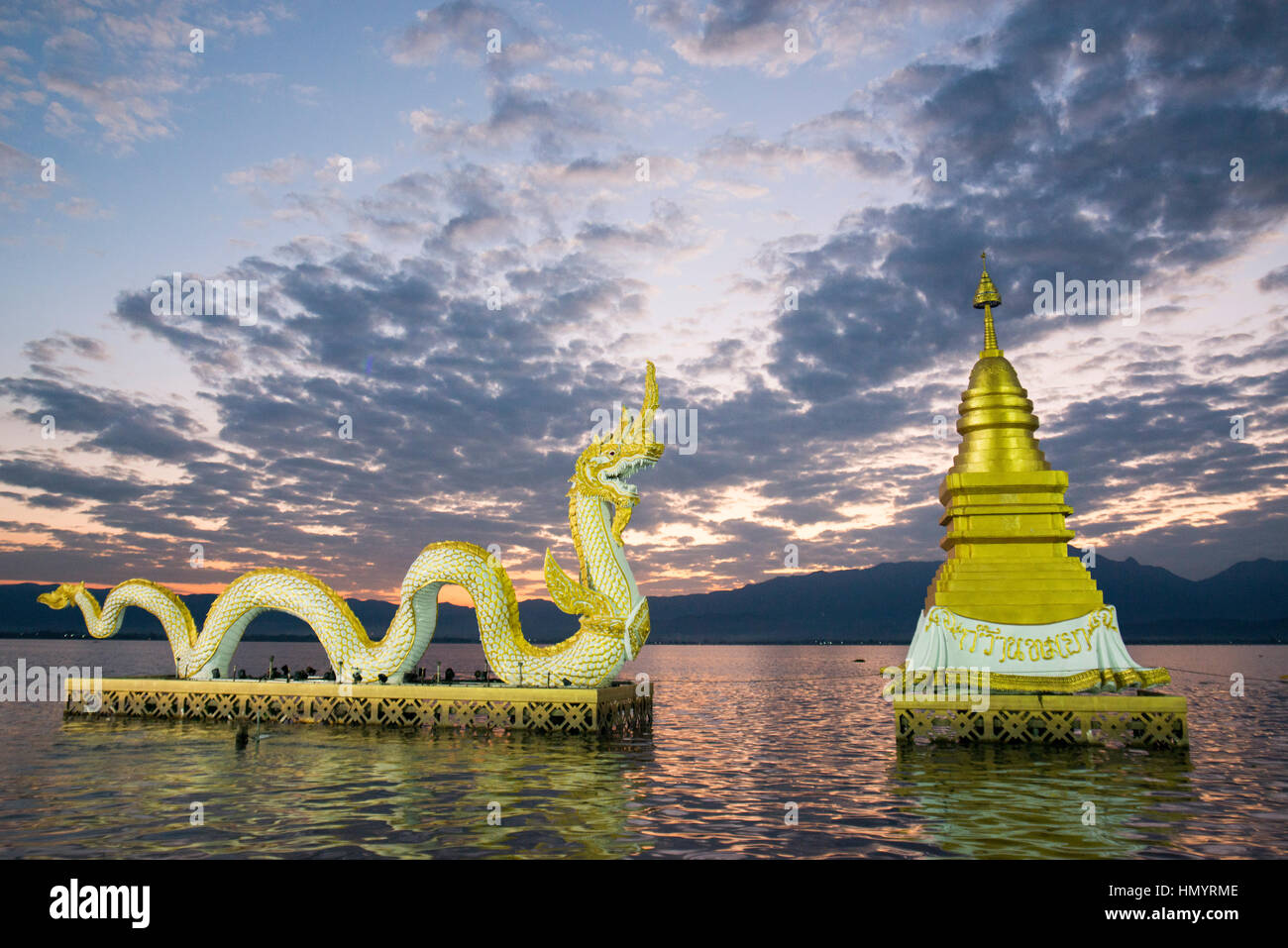 the phayanak or Naga Statue in the landscape at the lake of Kwan Phayao ...