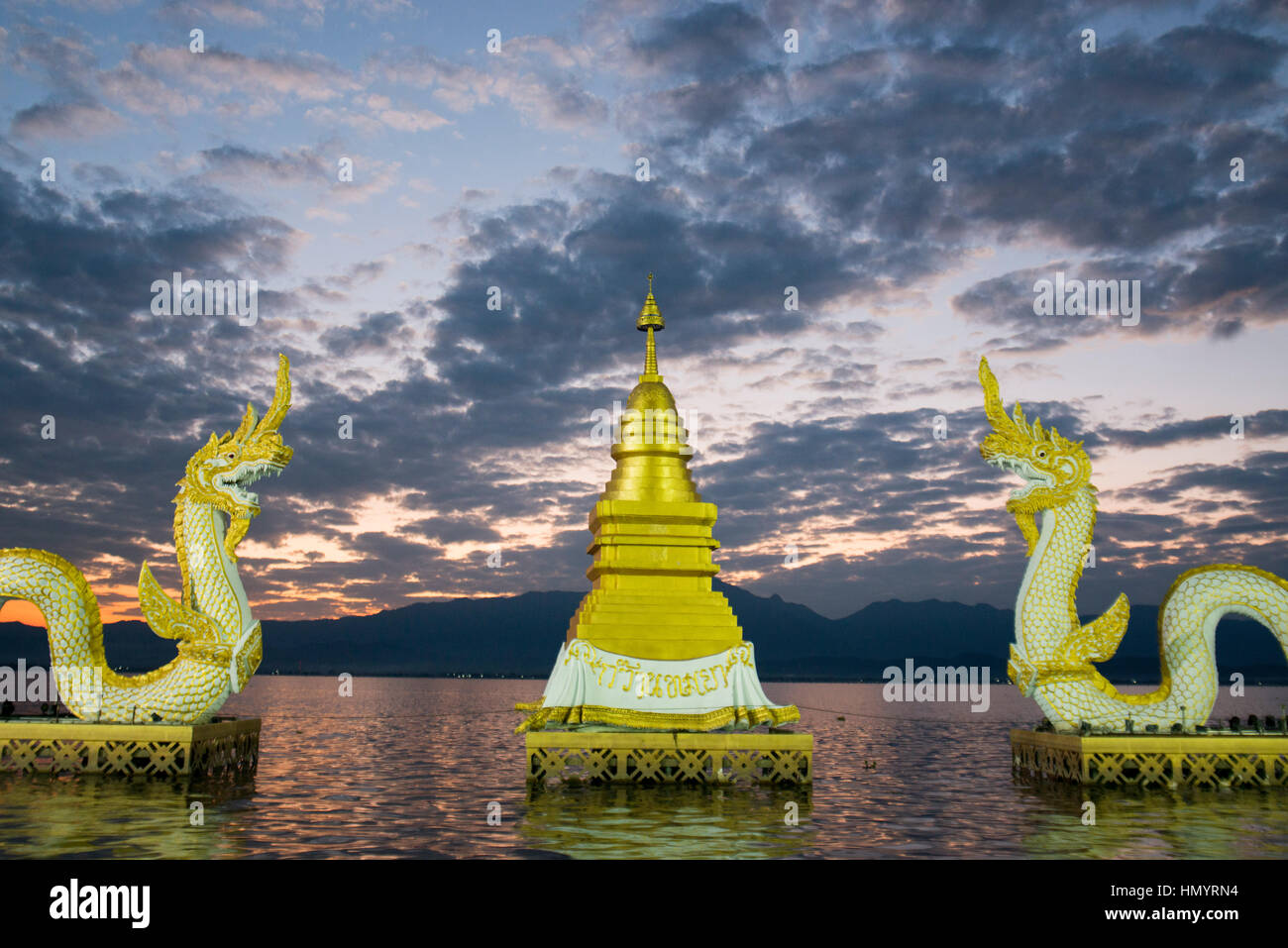 the phayanak or Naga Statue in the landscape at the lake of Kwan Phayao ...