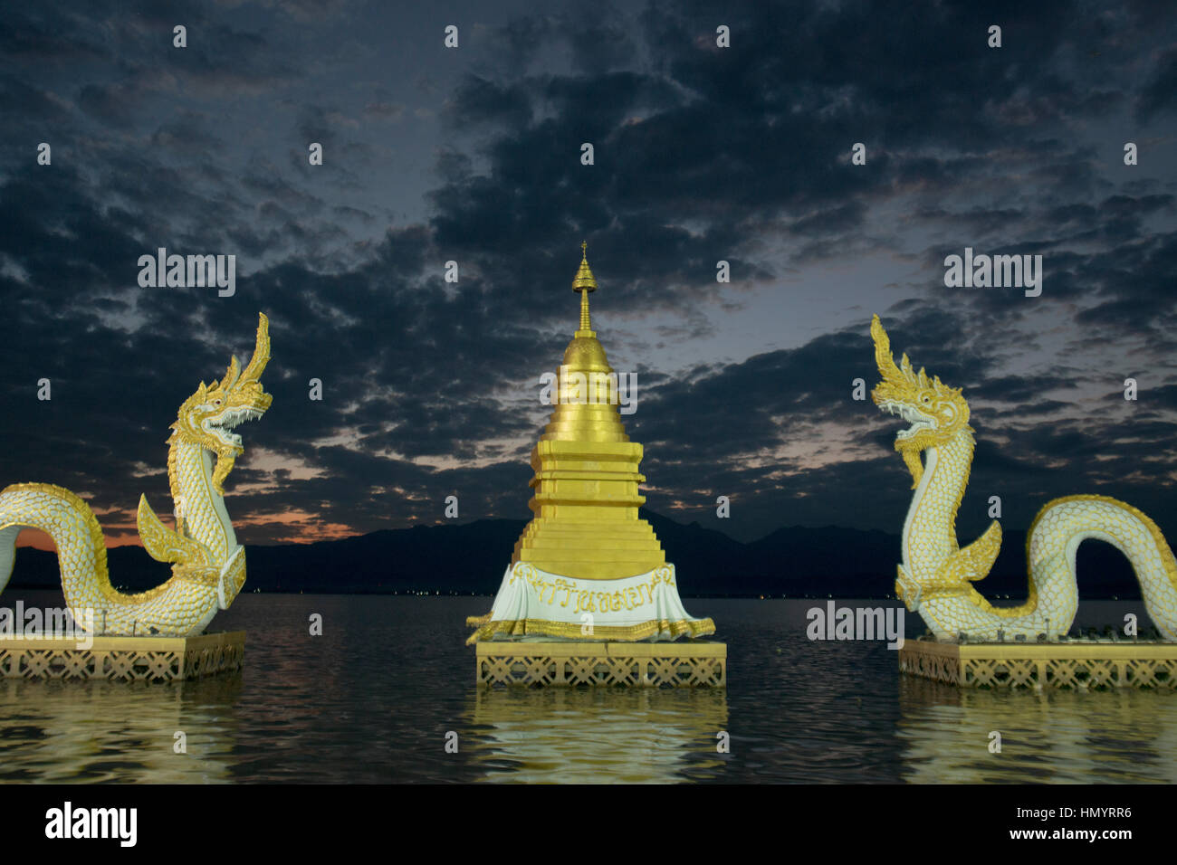 the phayanak or Naga Statue in the landscape at the lake of Kwan Phayao ...