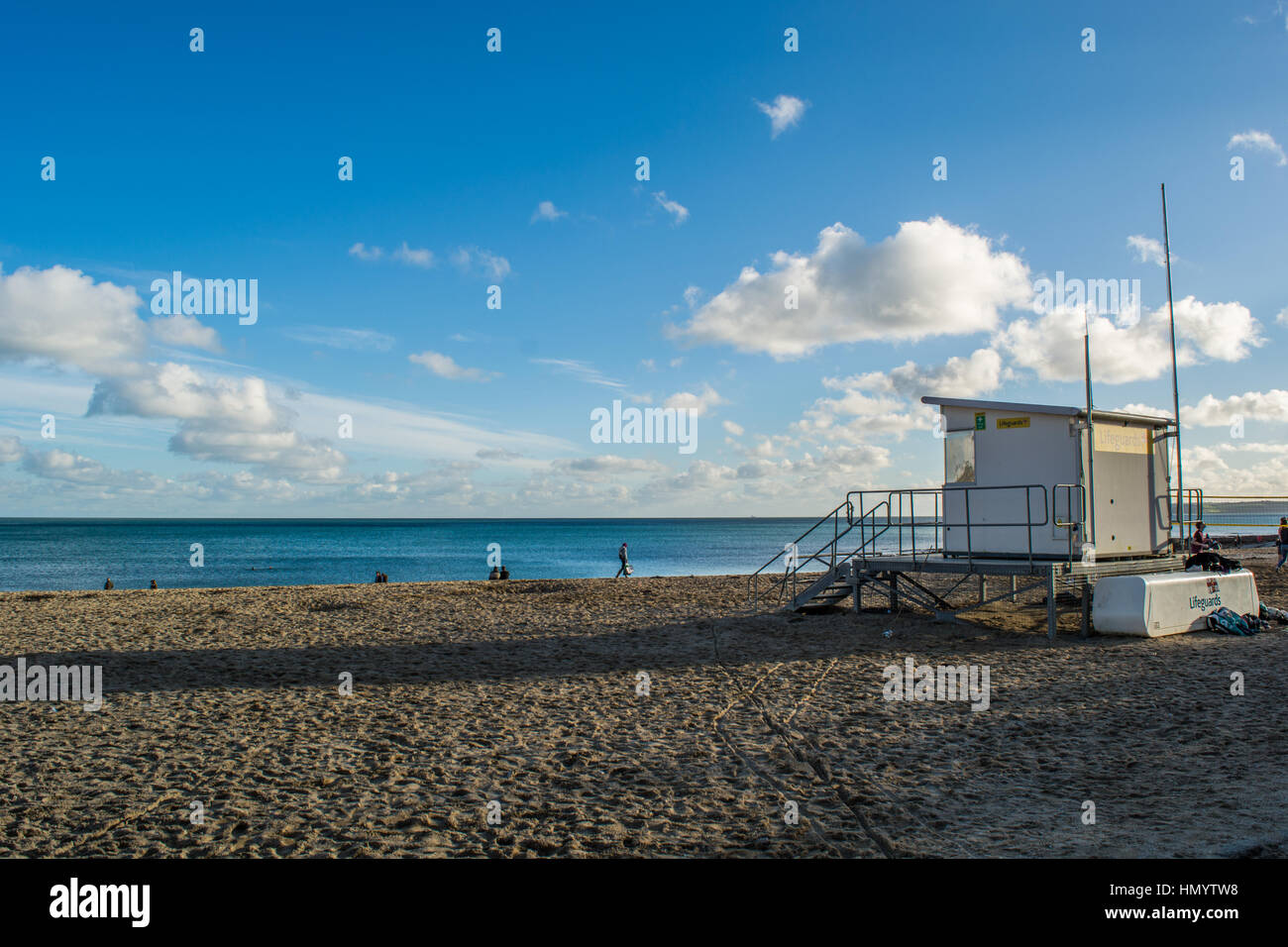 After storm Doris a lifeguard hut on the beach in the sun Stock Photo ...