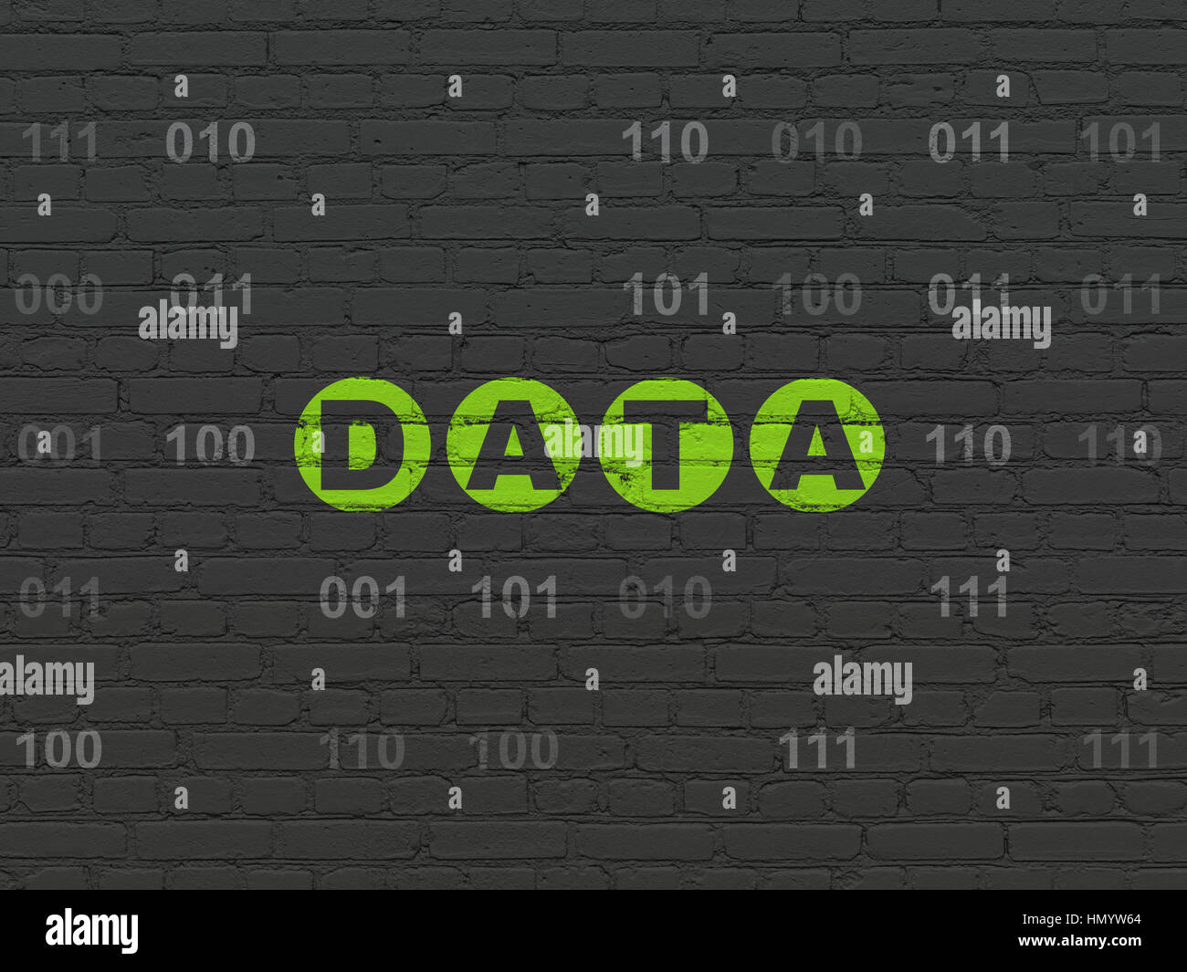 Information concept: Painted green text Data on Black Brick wall background with Binary Code ...