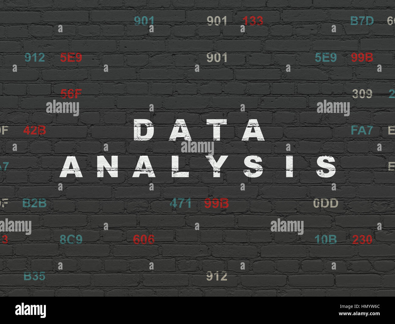 Data concept: Painted white text Data Analysis on Black Brick wall background with Hexadecimal ...