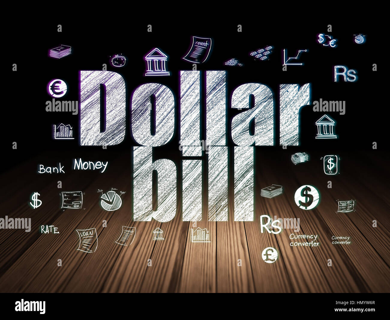 Money concept: Glowing text Dollar Bill, Hand Drawn Finance Icons in ...