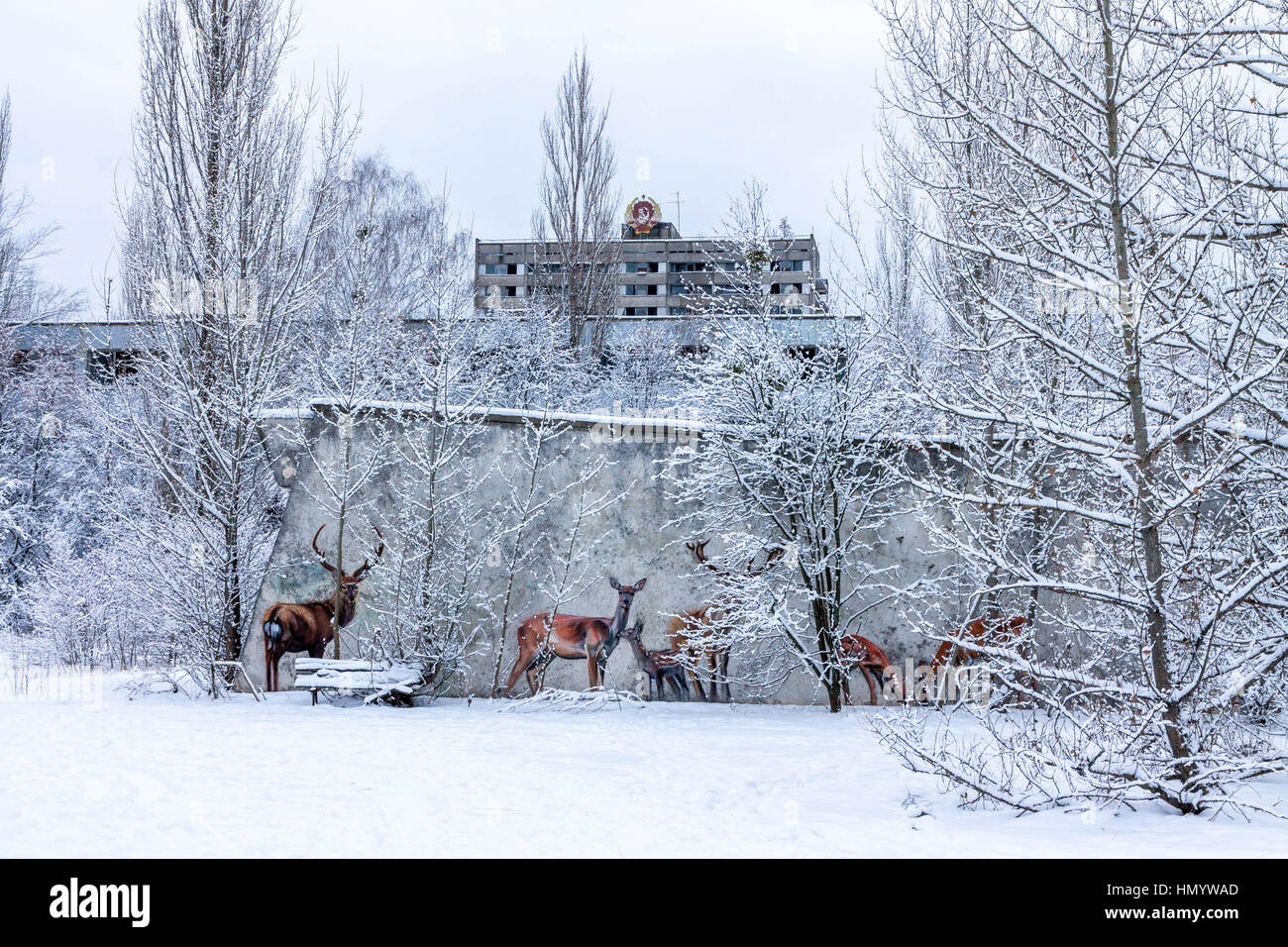 Winter View Hotel Pripyat with the emblem of the Soviet Union ...