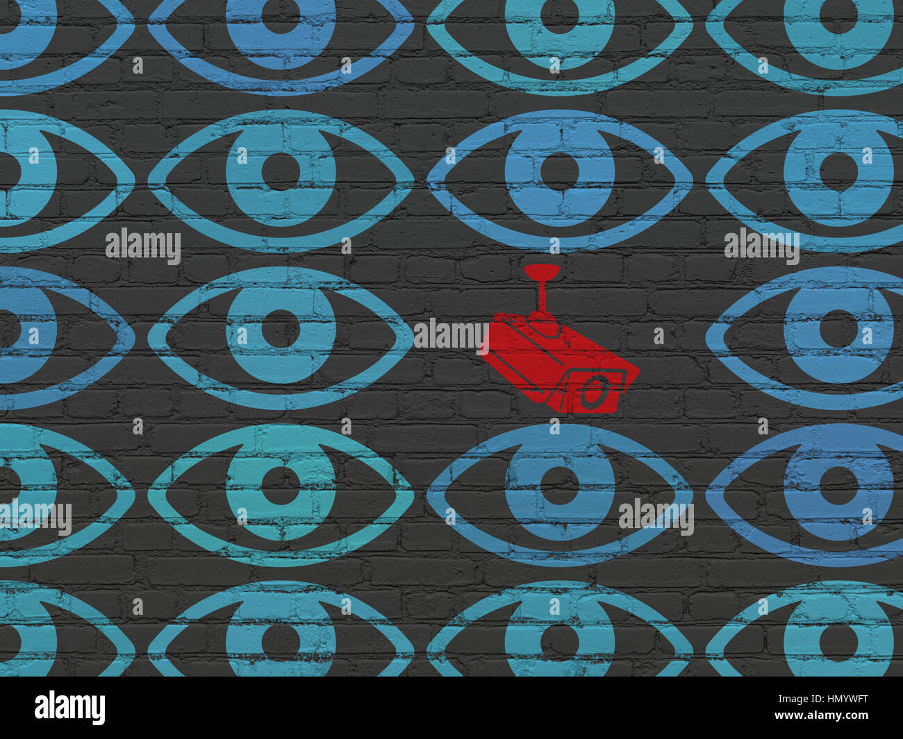 Privacy concept: rows of Painted blue eye icons around red cctv camera ...