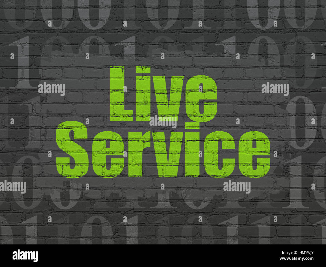 Finance concept: Painted green text Live Service on Black Brick wall background with Binary Code ...
