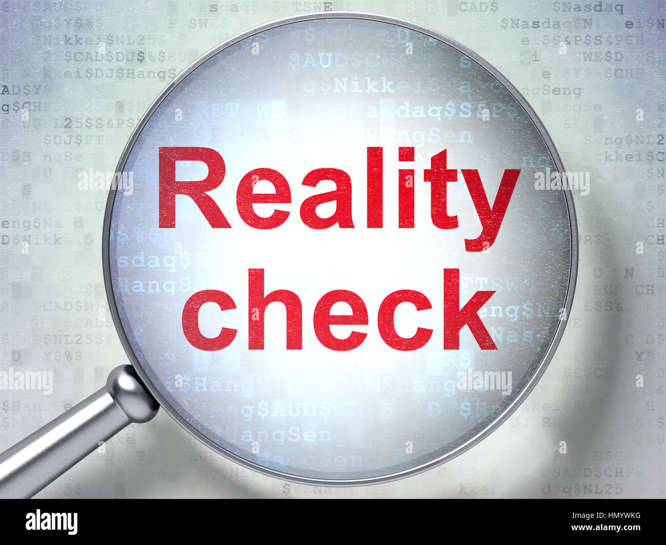 Finance concept: magnifying optical glass with words Reality Check on ...