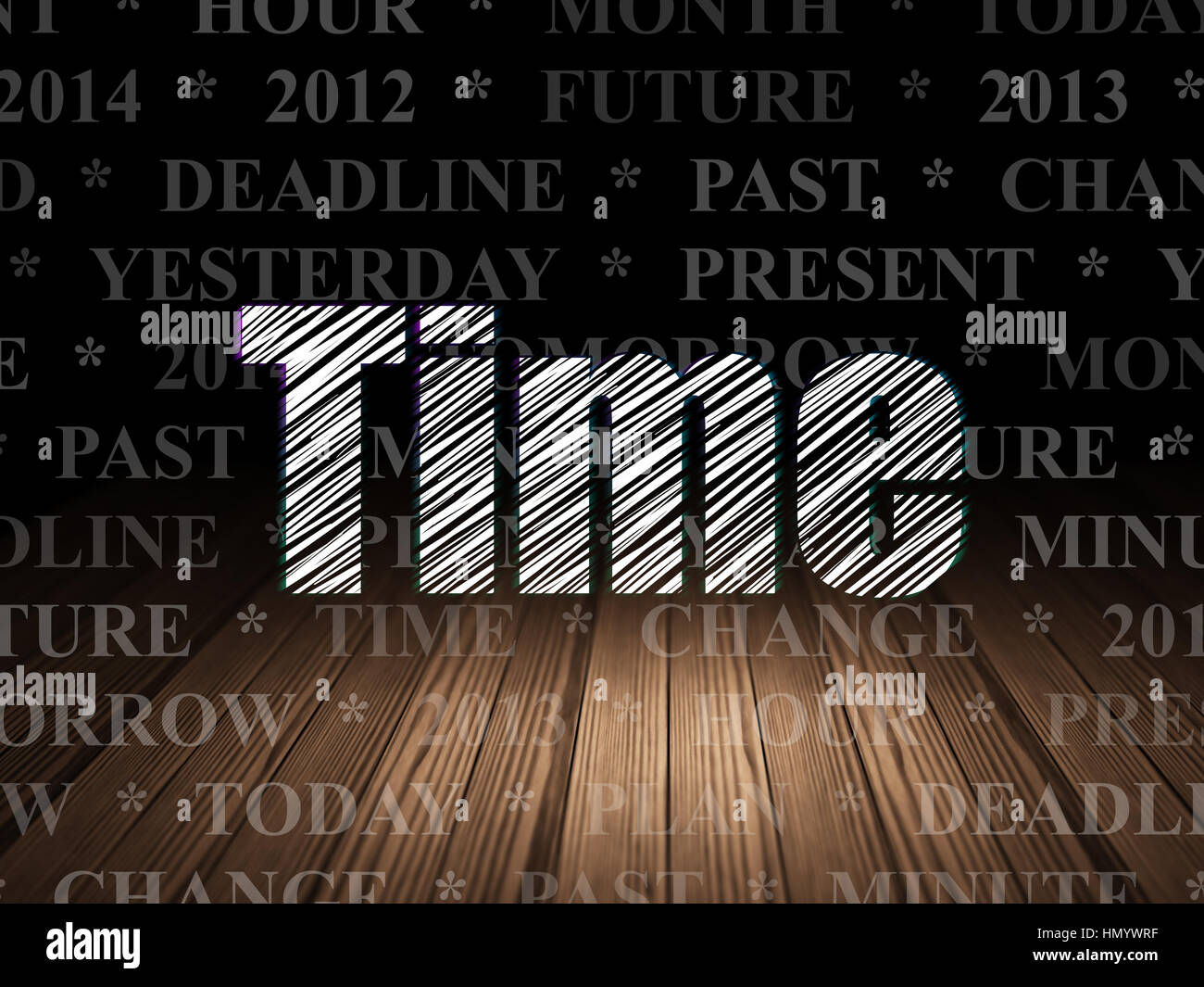 Timeline concept: Glowing text Time in grunge dark room with Wooden ...