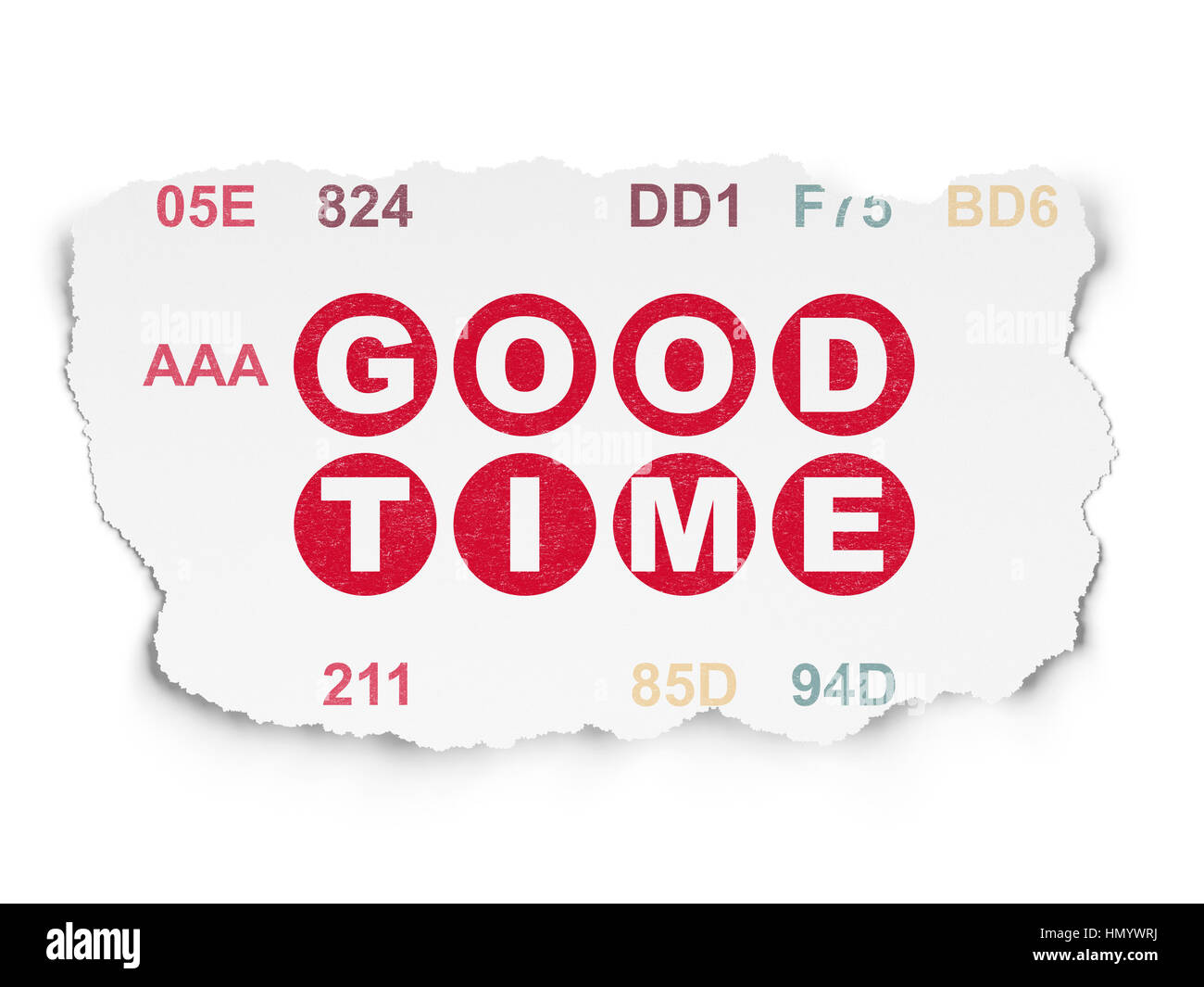 Timeline concept: Painted red text Good Time on Torn Paper background with Hexadecimal Code ...