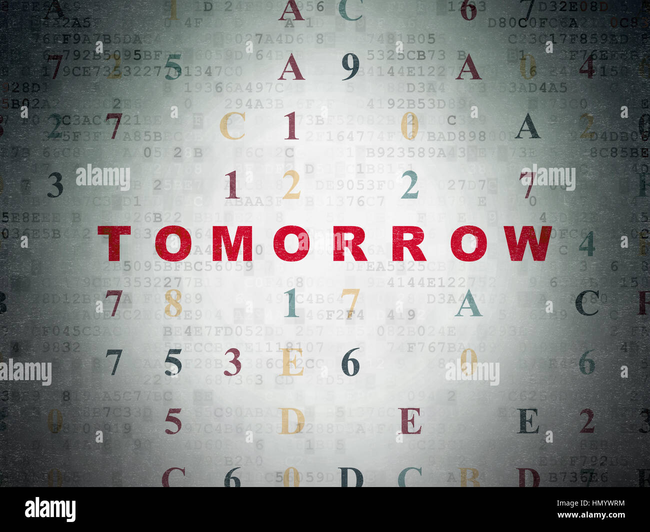 Time concept: Painted red text Tomorrow on Digital Data Paper background with Hexadecimal Code ...