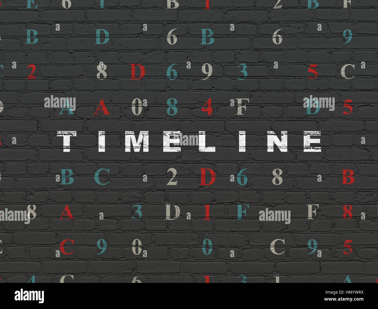 Timeline concept: Painted white text Timeline on Black Brick wall ...