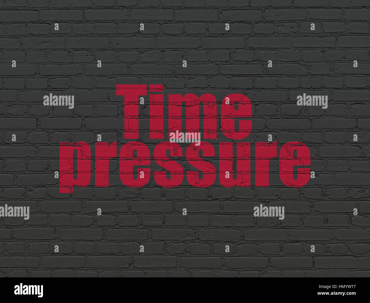 Timeline concept: Painted red text Time Pressure on Black Brick wall ...