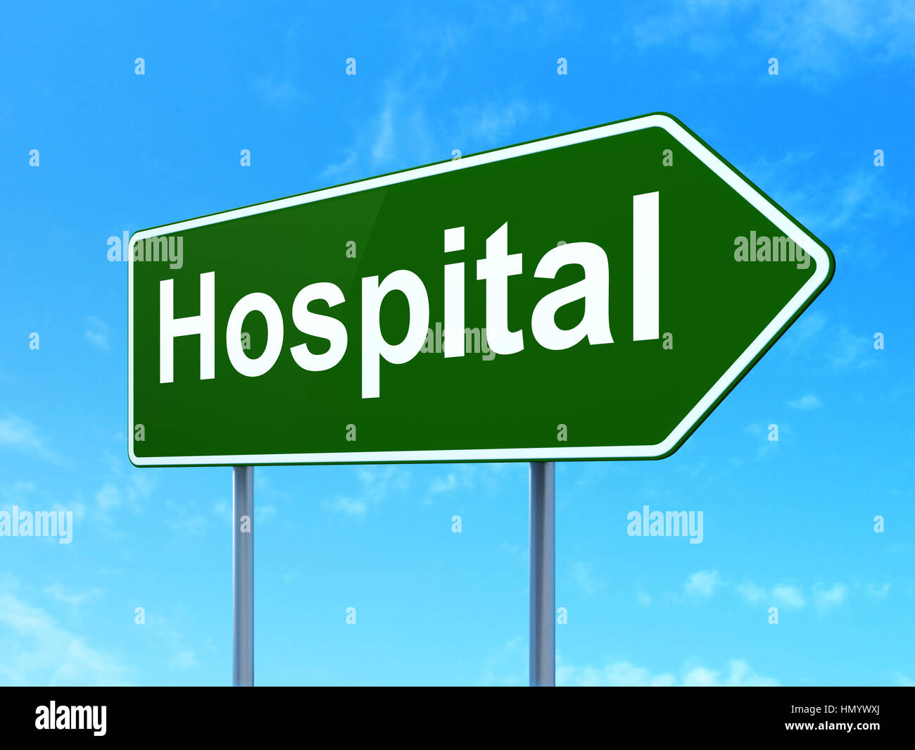 Health concept: Hospital on green road highway sign, clear blue sky ...