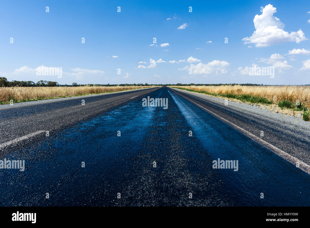Pools of bitumen melted on a road during a hot Australian summer Stock ...