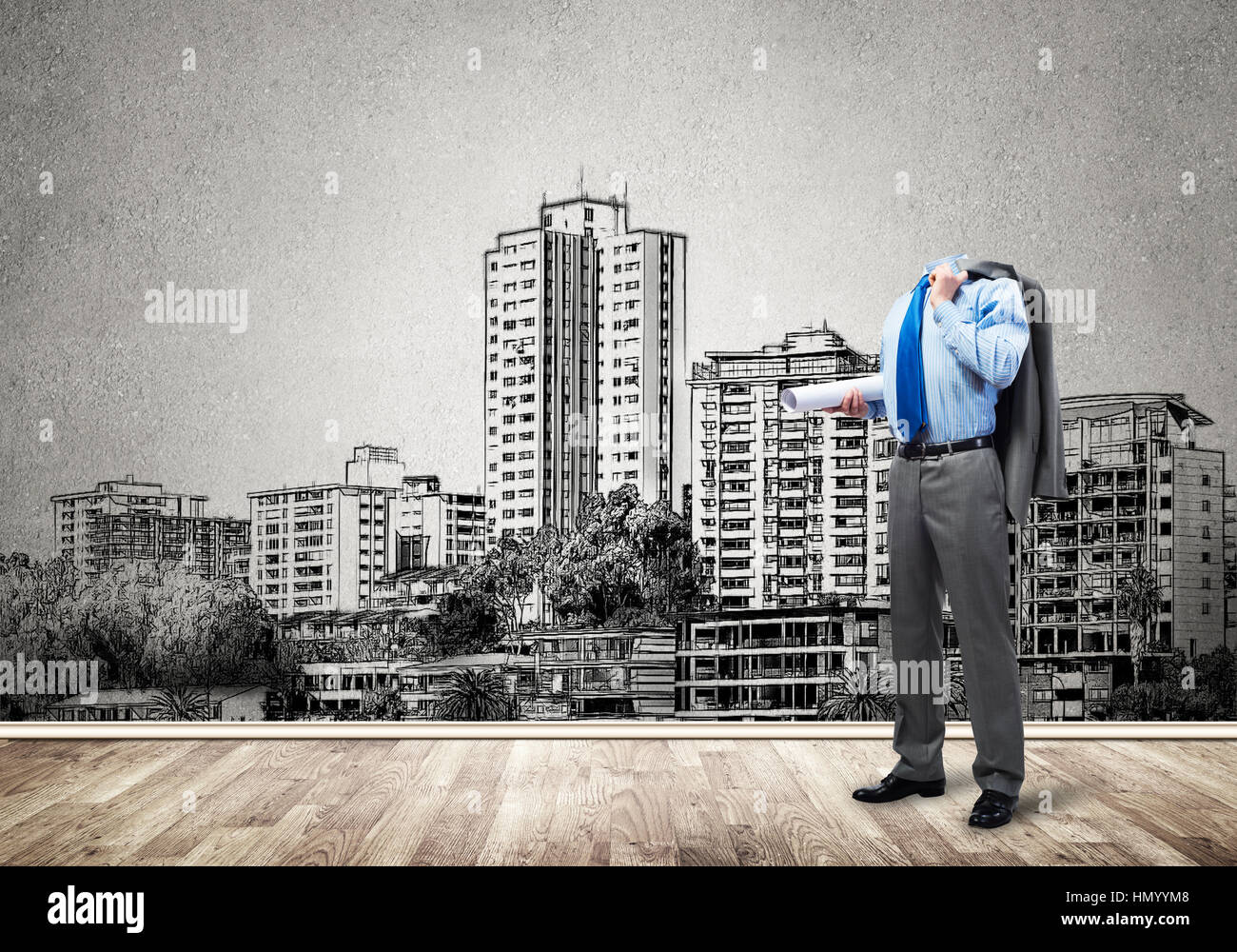 Headless engineer man with papers in hand against construction ...