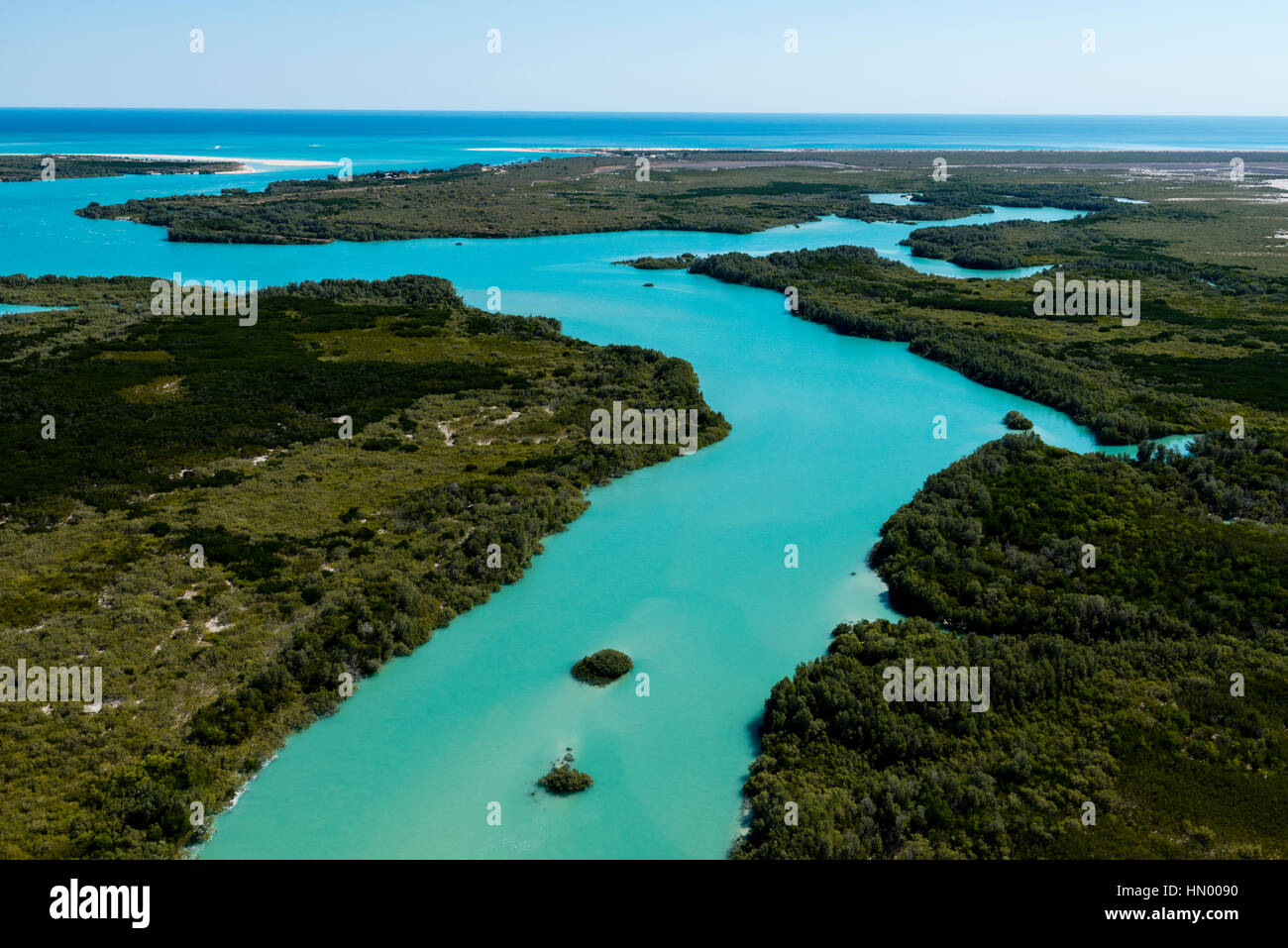 A turquoise tidal river winding it's way through mangroves in a tidal ...