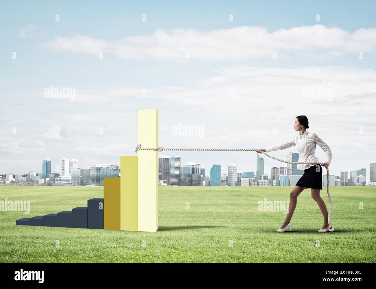 Young woman outdoors and growing graph presenting growth progress Stock ...
