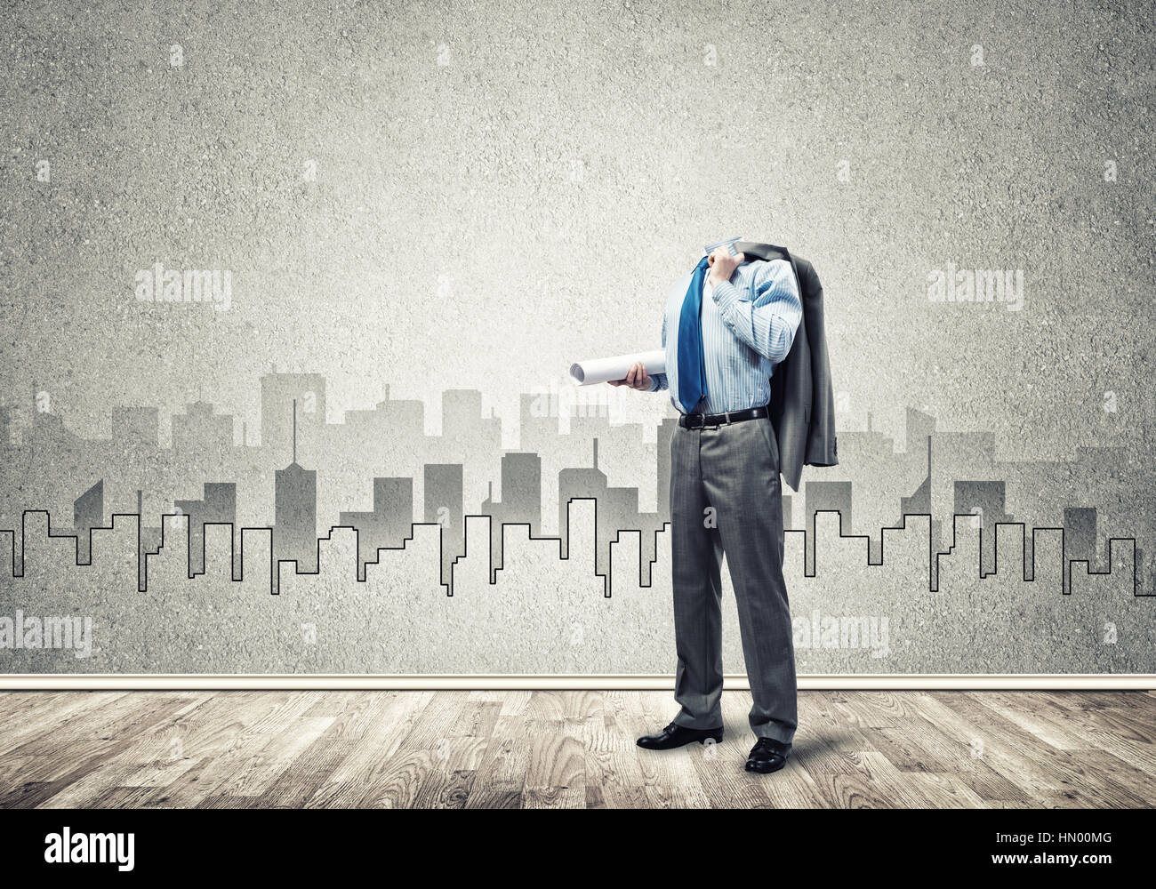 Headless engineer man with papers in hand against construction ...