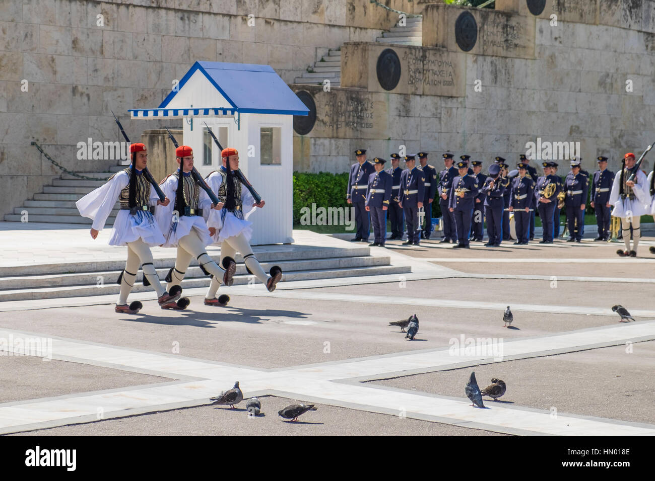 Changing of the guards in front of Parliament, Evzones at the Tomb of the Unknown Soldier on ...