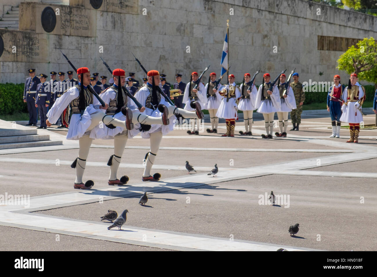 Changing of the guards in front of Parliament, Evzones at the Tomb of the Unknown Soldier on ...