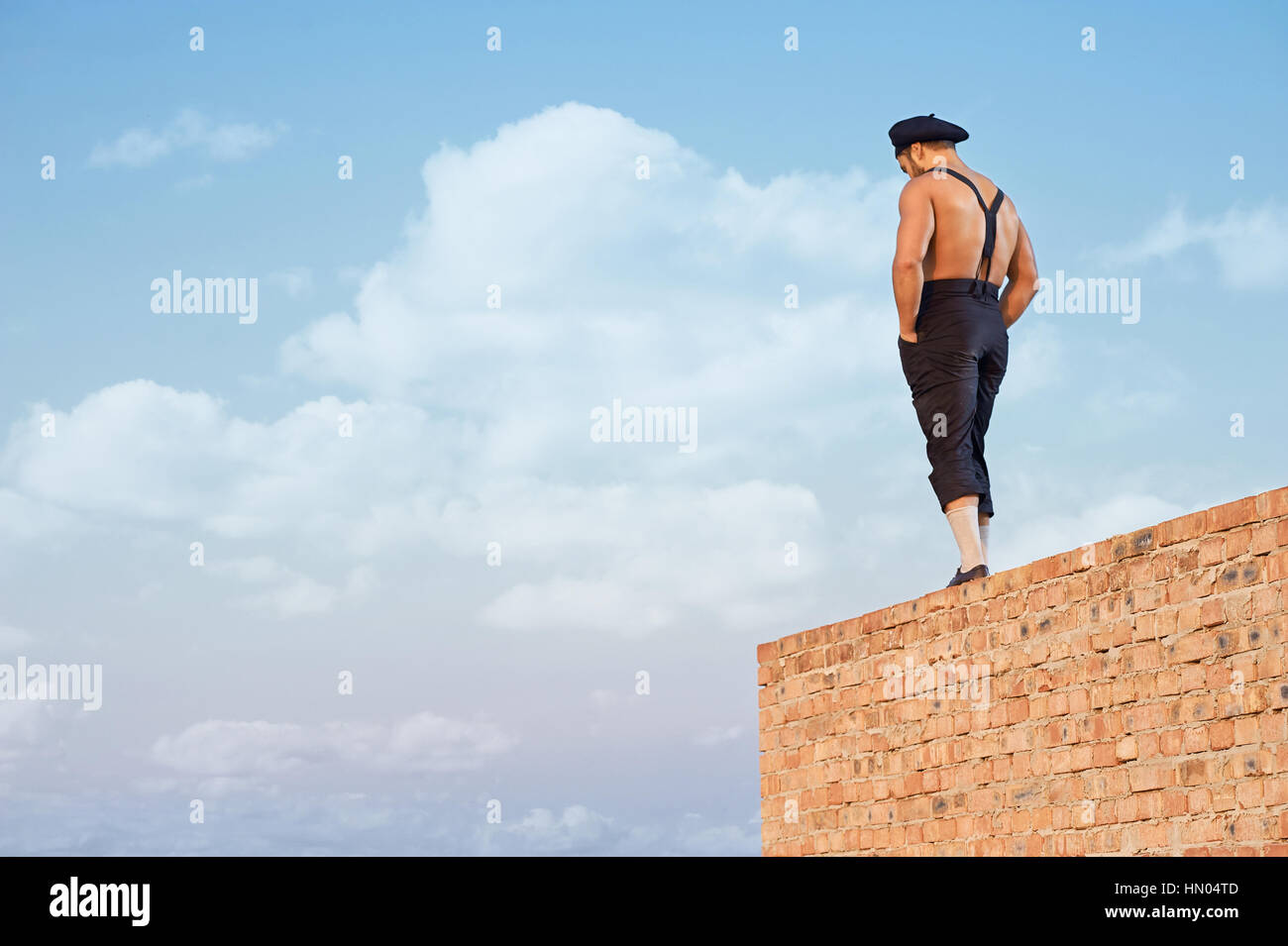 Back view of builder standing on brick Stock Photo - Alamy