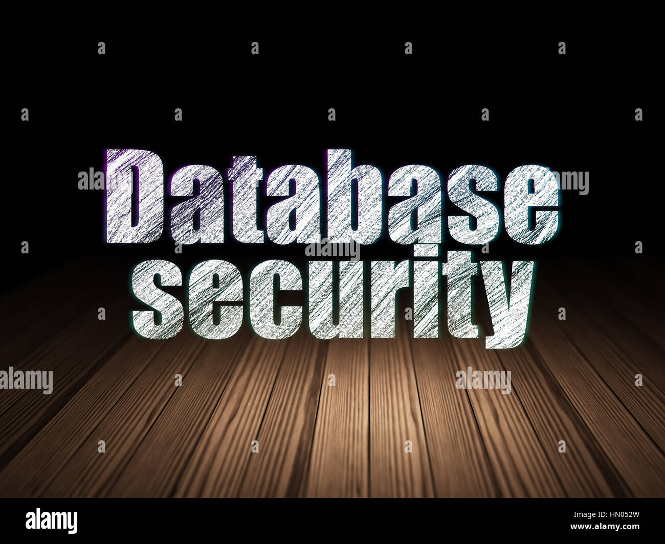 Programming concept: Glowing text Database Security in grunge dark room ...