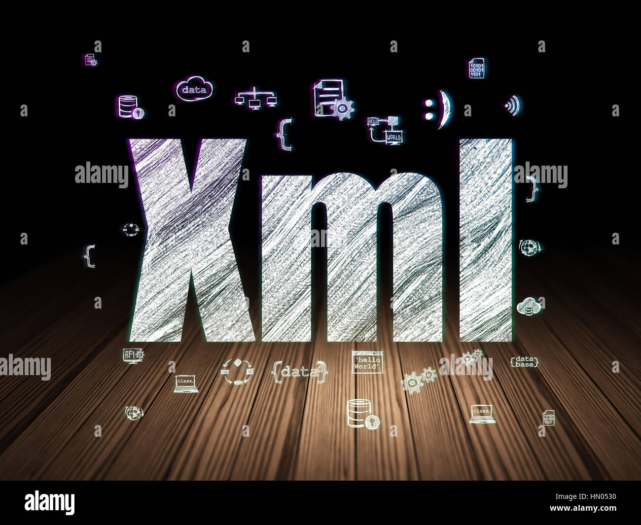 Database concept: Glowing text Xml, Hand Drawn Programming Icons in ...