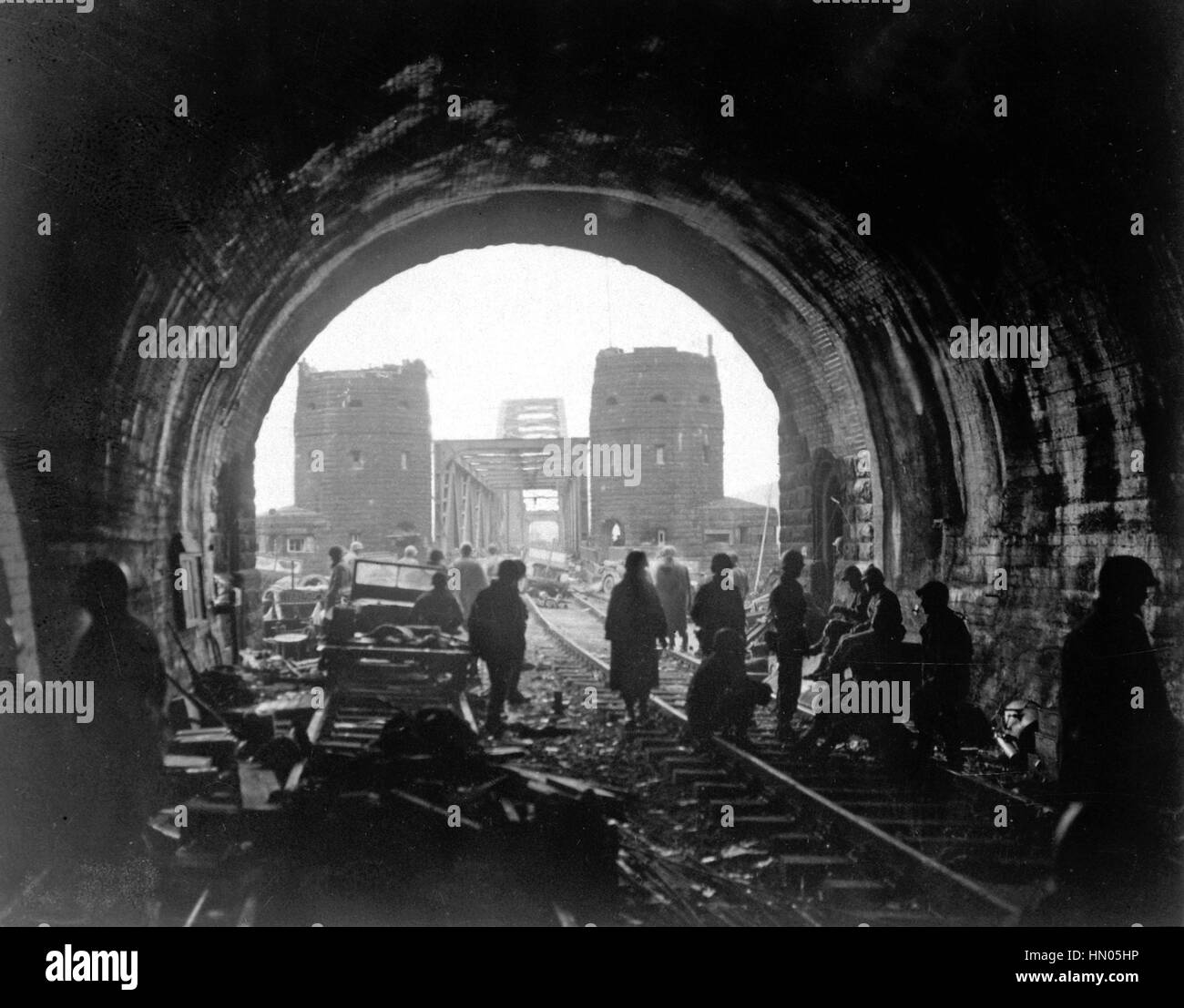 REMAGEN BRIDGE on 11 March 1945 shortly after its capture by US troops ...