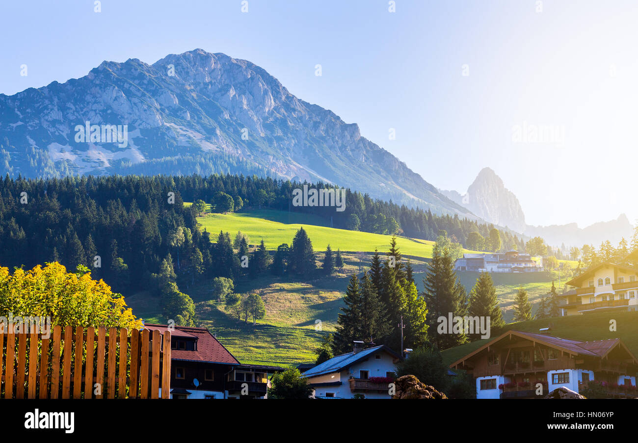 Landscape of mountains, green field, sky, forest in Filzmoos, Salzburg ...